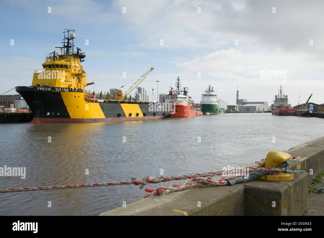 Oil supply ship Freyja mored in River Yare at Great Yarmouth harbour ...