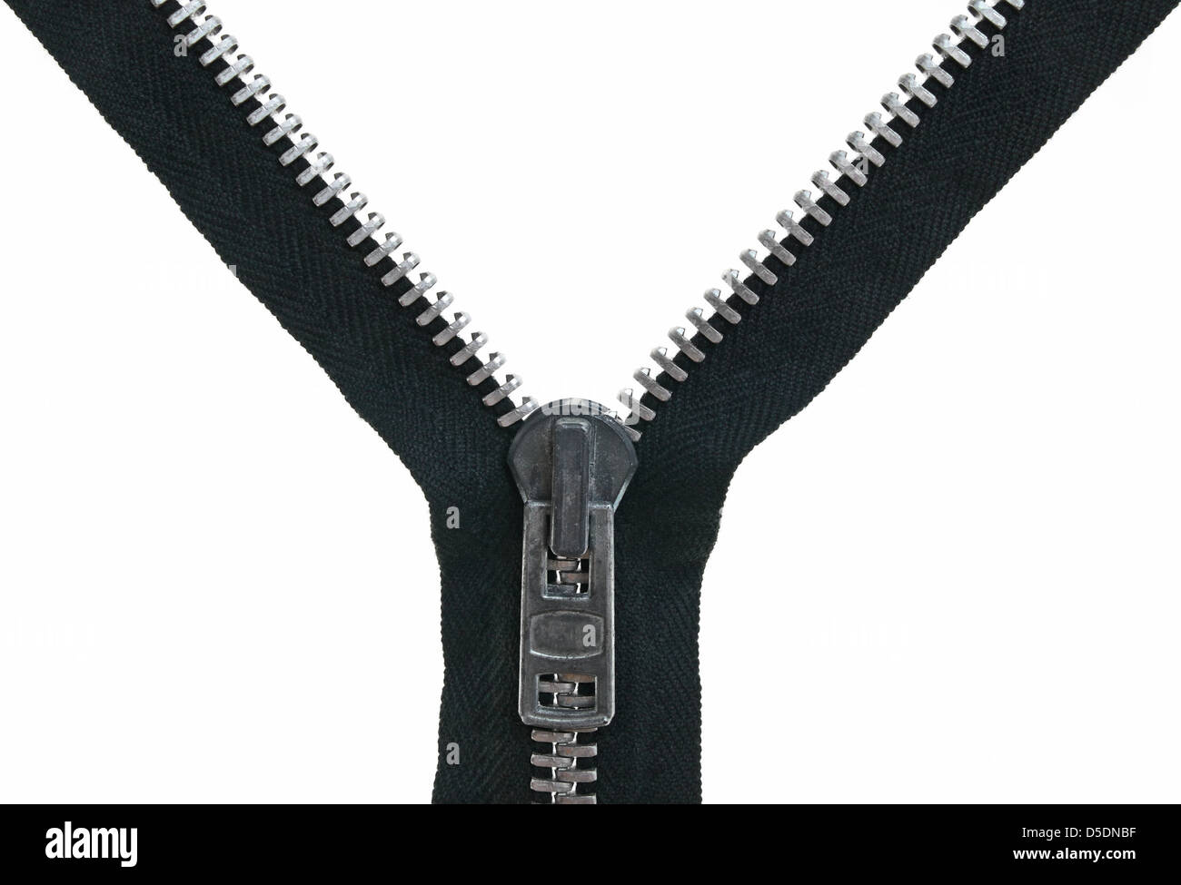 Unzipped black metal zipper over white background Stock Photo - Alamy