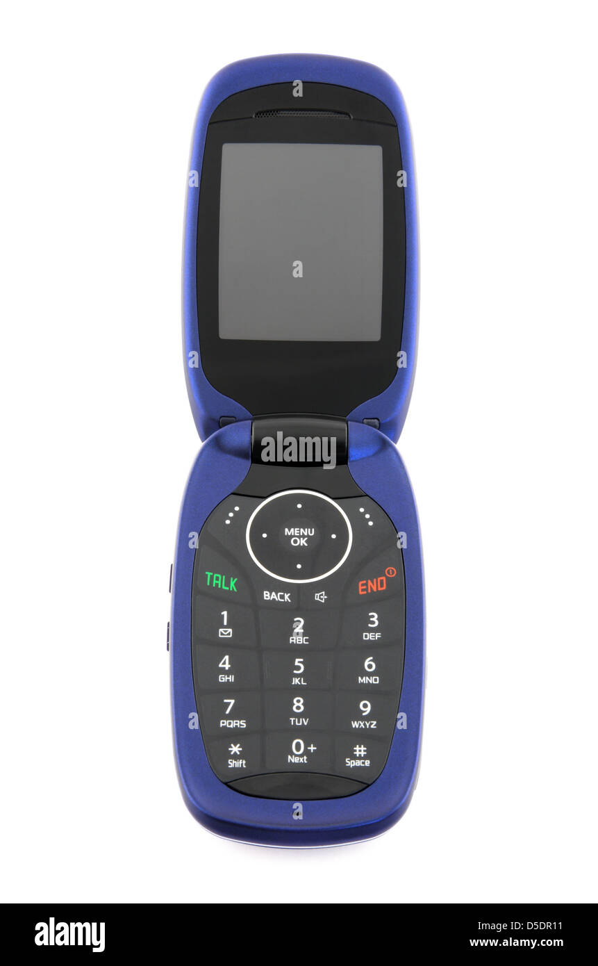 Modern blue clamshell cell phone on white background, font view Stock ...