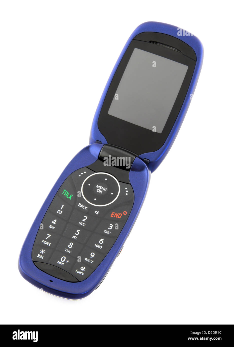 Modern blue clamshell cell phone on white background Stock Photo - Alamy