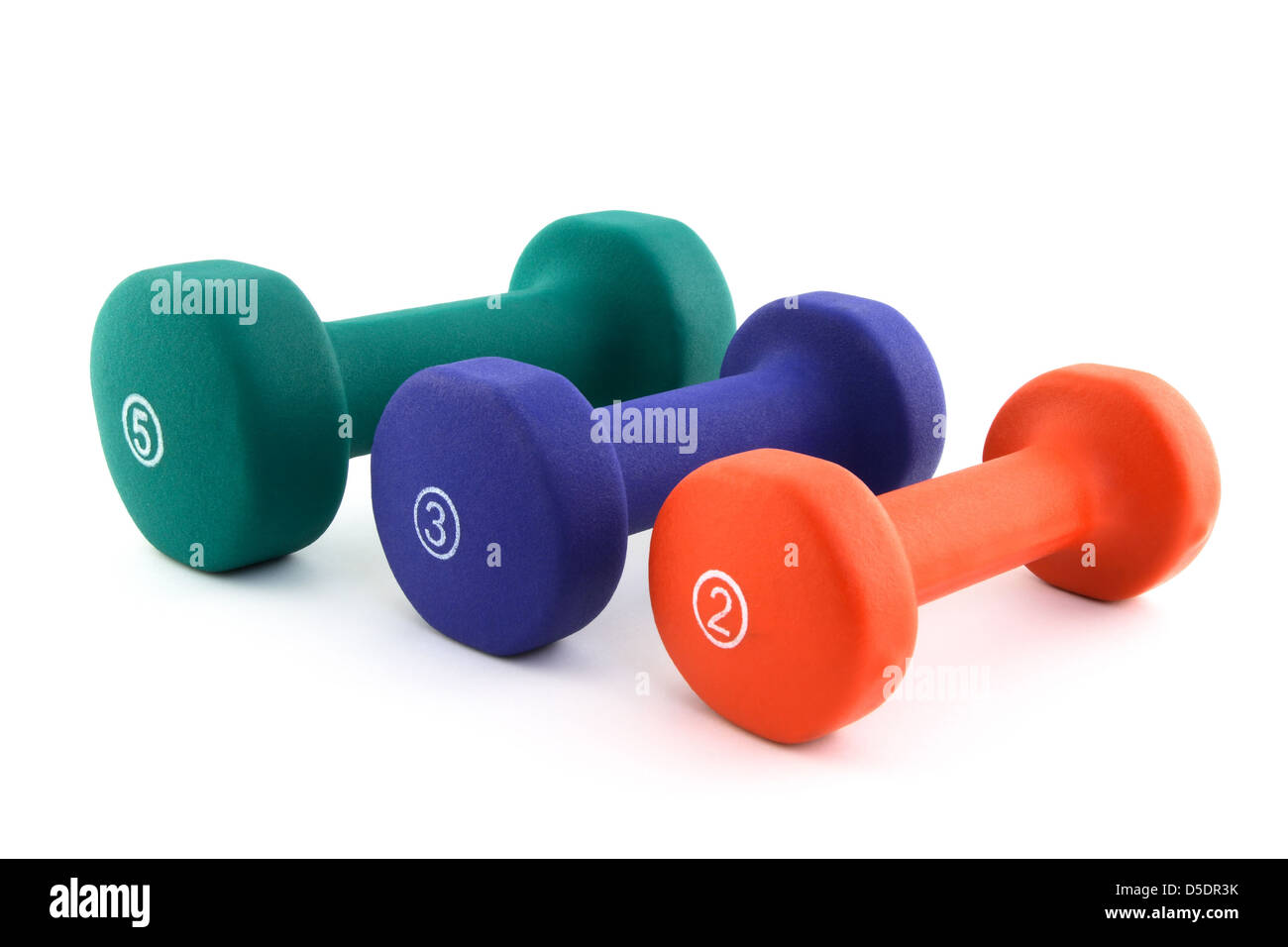 Three colorful dumbbells of different size of white background Stock ...