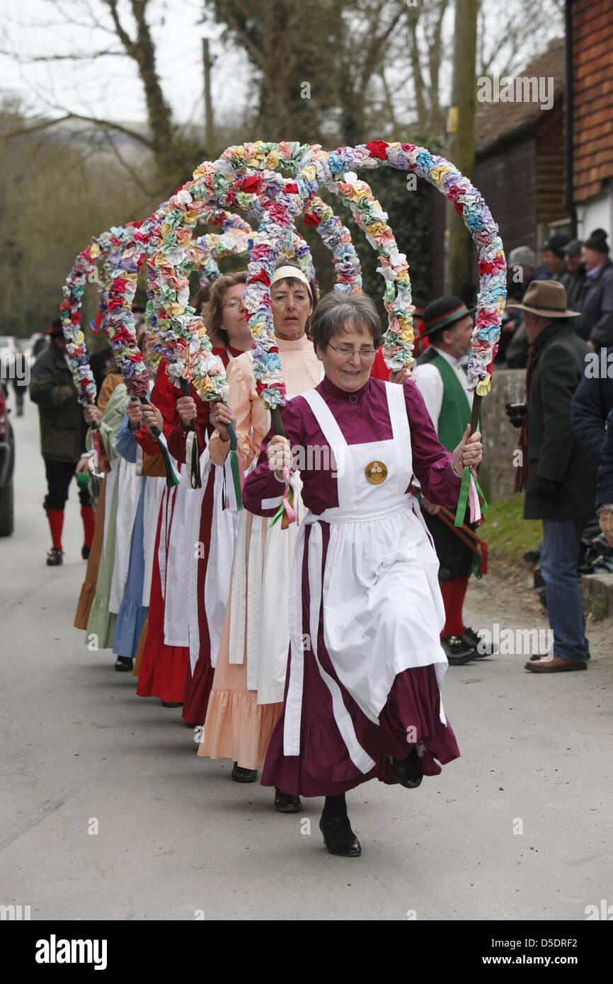 The Knots of May women's Morris team dance outside the pub in Alciston ...