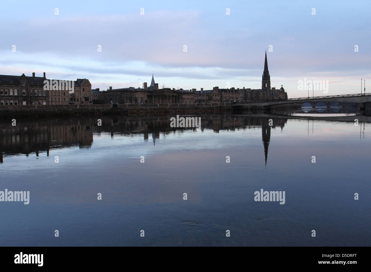 Perth waterfront reflected in River Tay Scotland March 2013 Stock Photo ...
