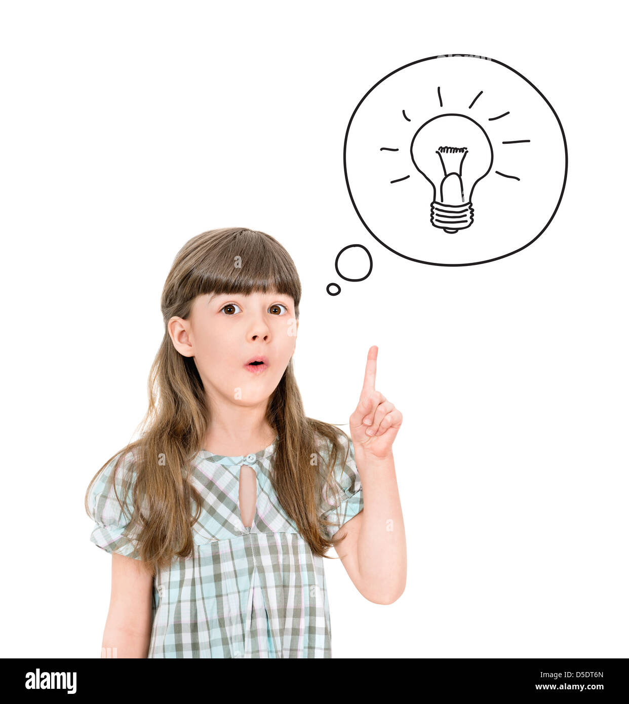 Clever little girl with a bright idea symbol pointing upwards with her ...