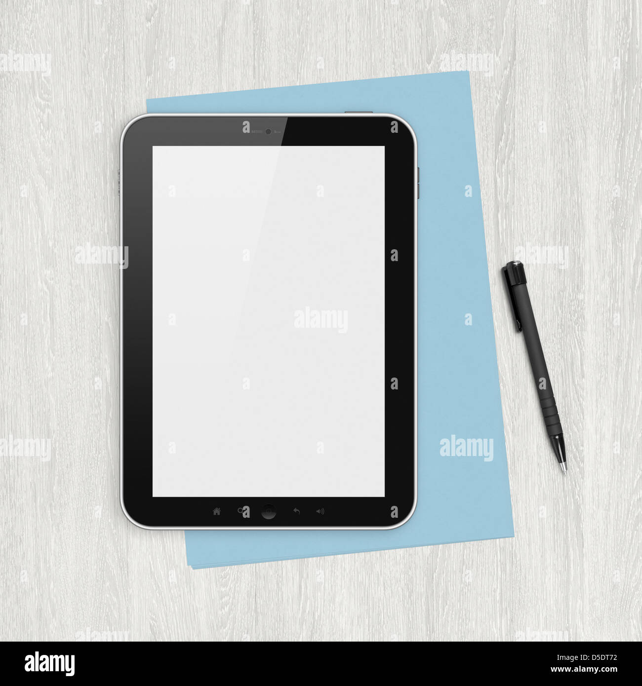 Modern blank digital tablet, papers and pen on a blank wooden desk. Top ...