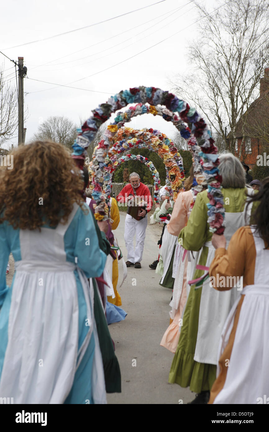 The Knots of May women's Morris team dance outside the pub in Alciston ...