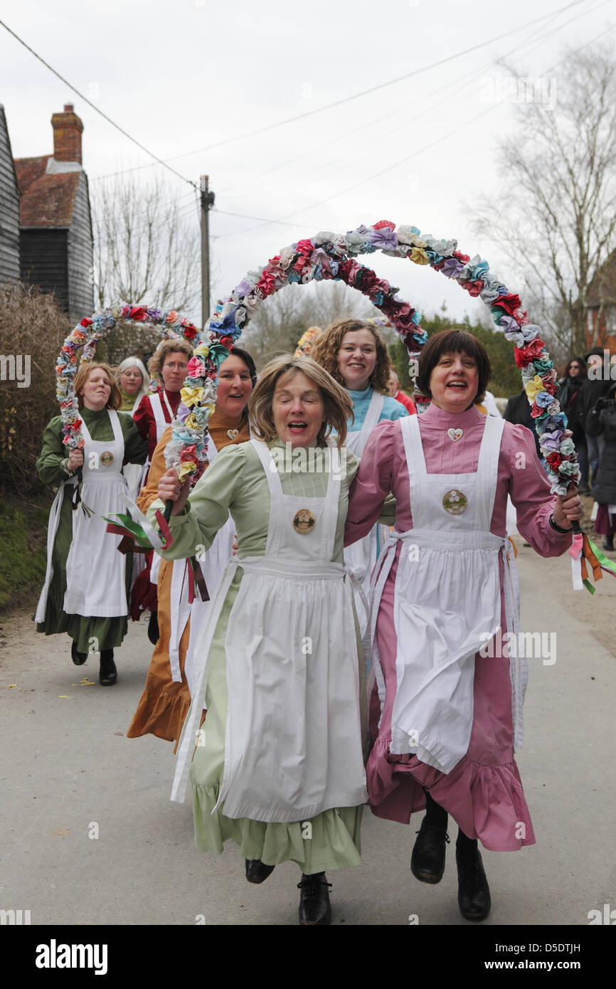 The Knots of May women's Morris team dance outside the pub in Alciston ...