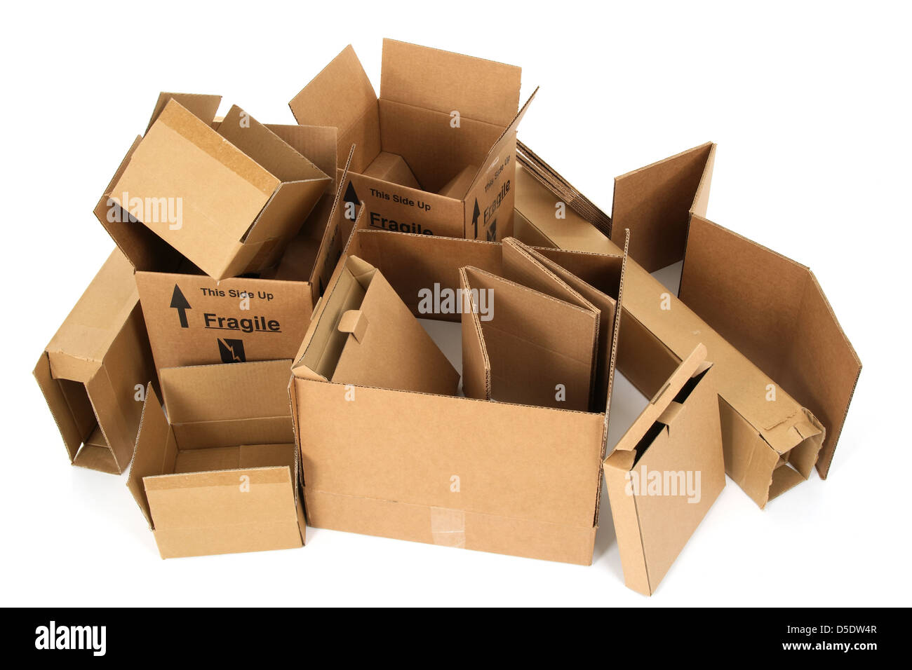 Pile of open cardboard boxes on white background Stock Photo - Alamy