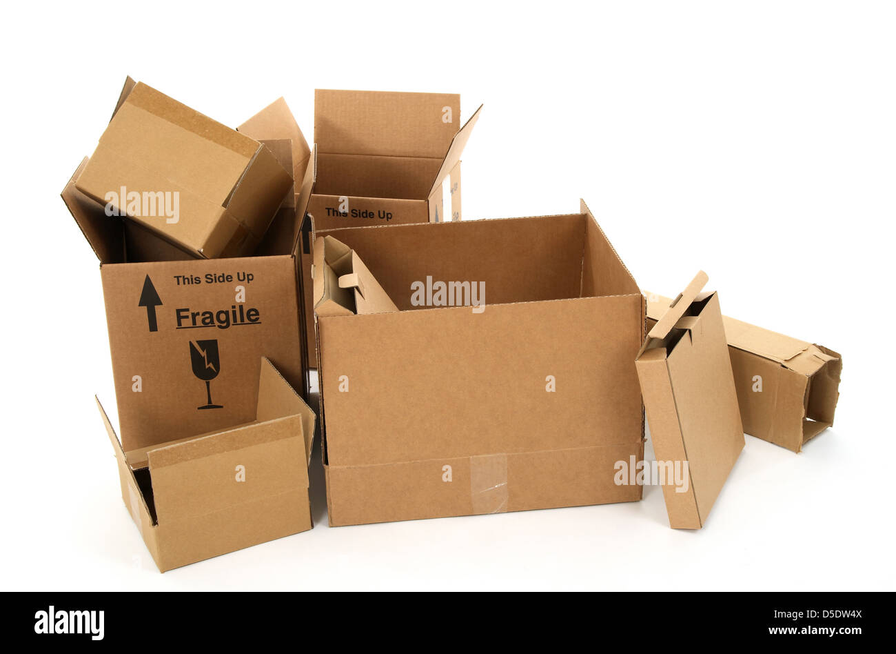 Open empty cardboard boxes on white background Stock Photo - Alamy