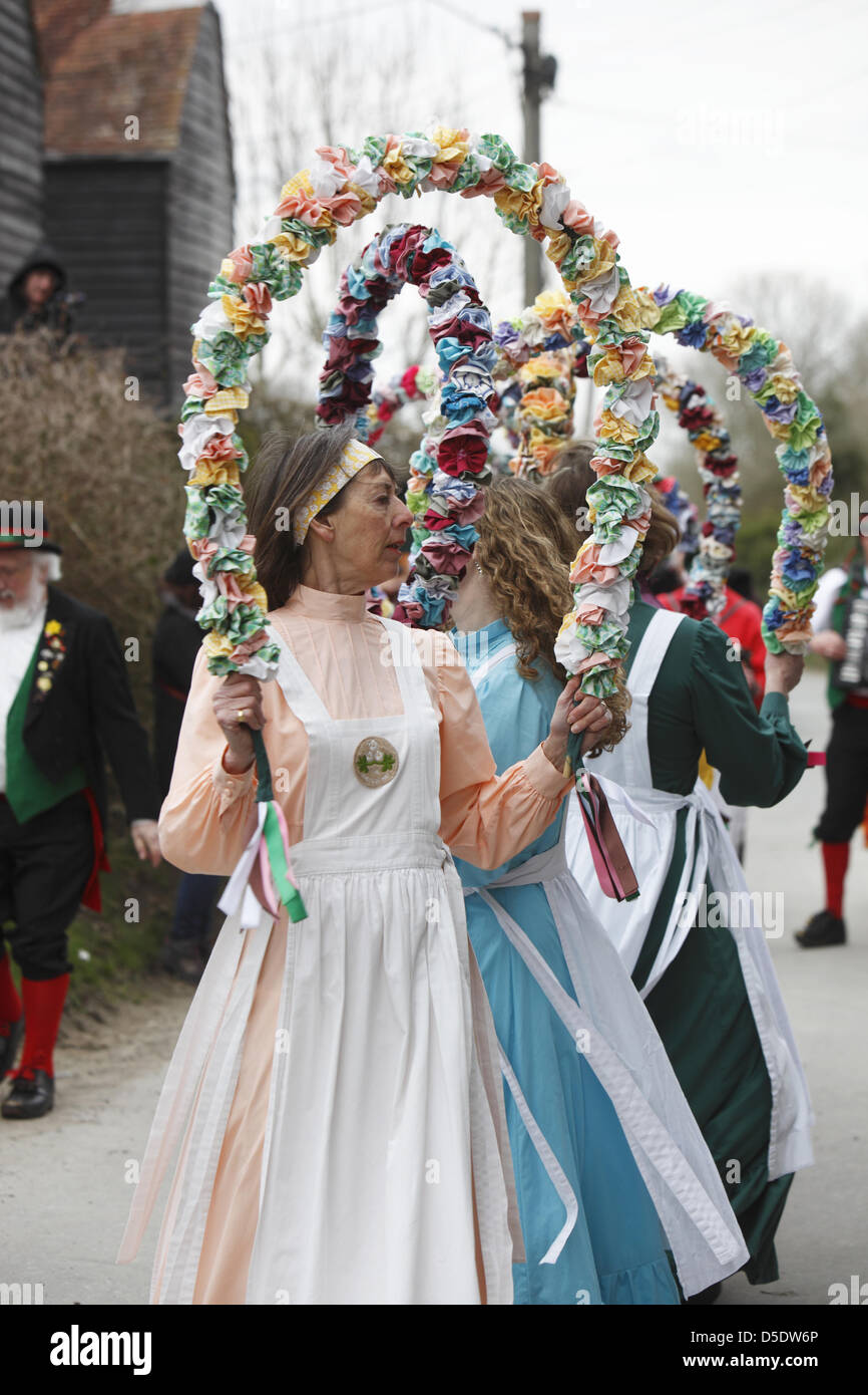 The Knots of May women's Morris team dance outside the pub in Alciston ...