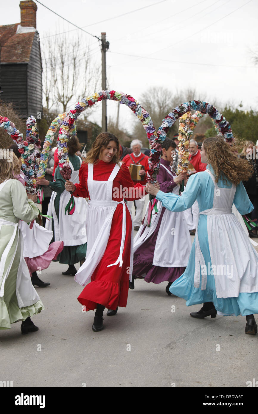 The Knots of May women's Morris team dance outside the pub in Alciston ...