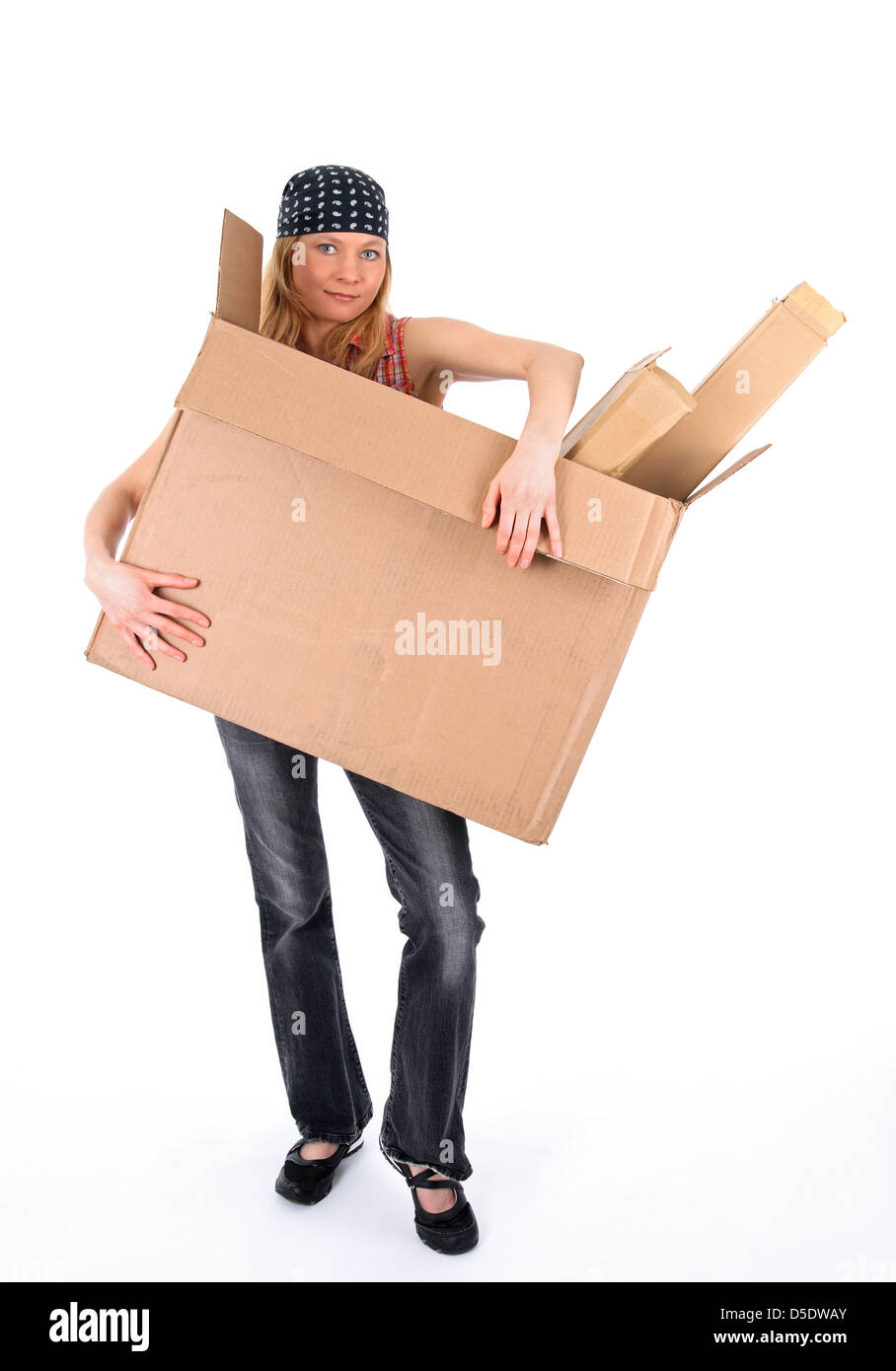 Young woman holding a big cardboard box with copy space Stock Photo - Alamy