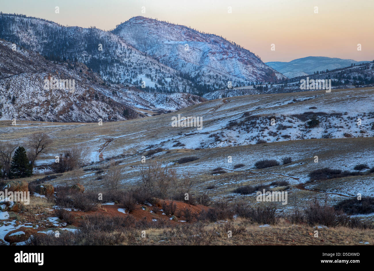 winter dusk at mountain valley of North Fork Cache la Poudre River in ...