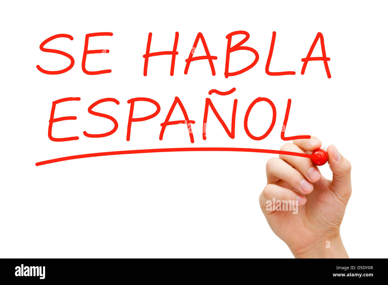 Hand writing Se Habla Espanol with red marker on transparent wipe board ...