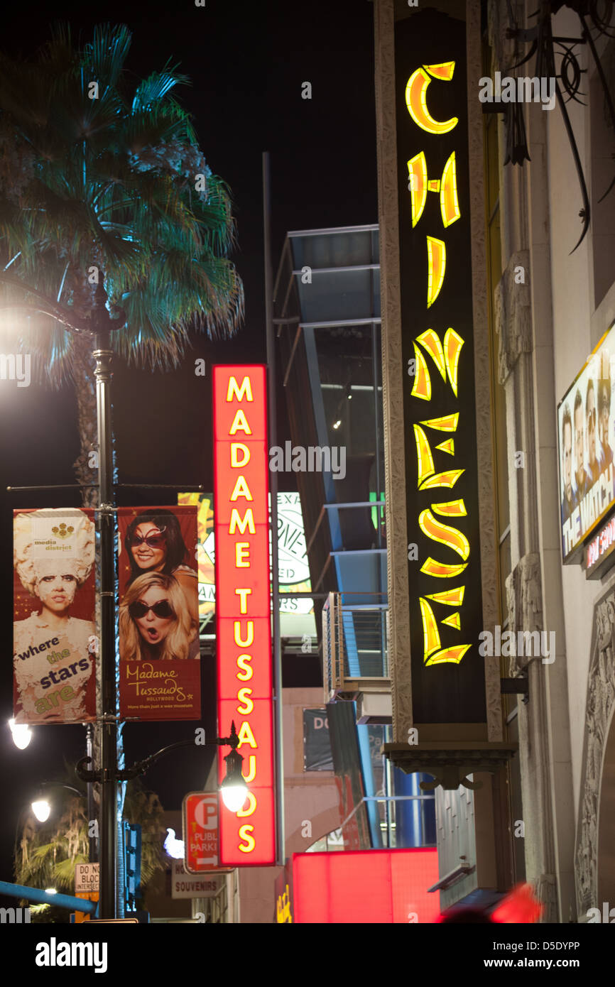 Signs for Grauman's Chinese Theatre and Madame Tussauds on Hollywood ...
