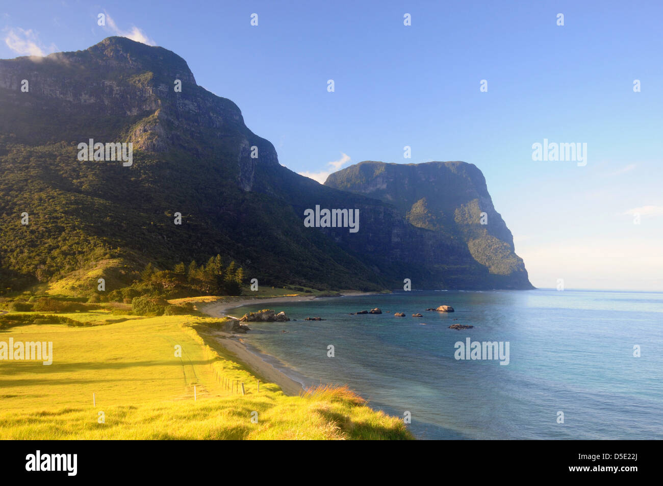 Lovers Bay, overlooked by Mt Lidgbird and Mt Gower, Lord Howe Island ...