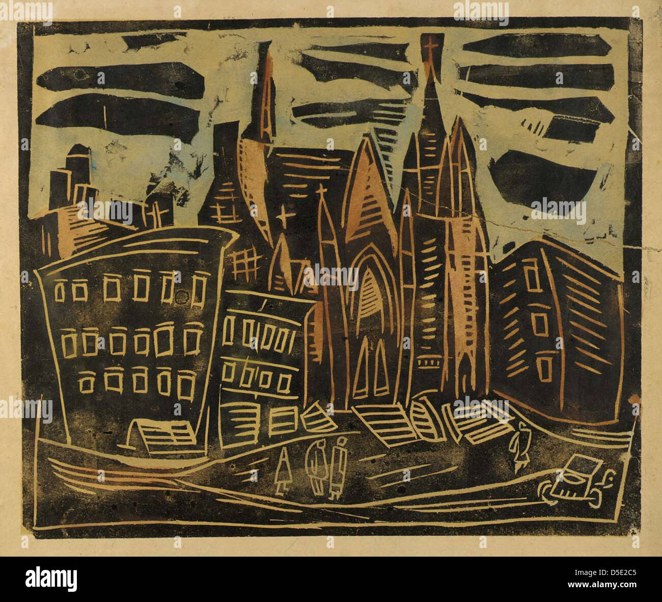 This artwork by William H. Johnson depicts a street scene in Harlem ...