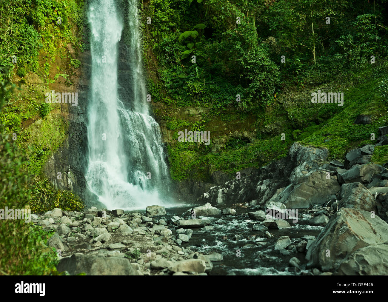 High waterfall in green forest with grey stones on front Stock Photo ...