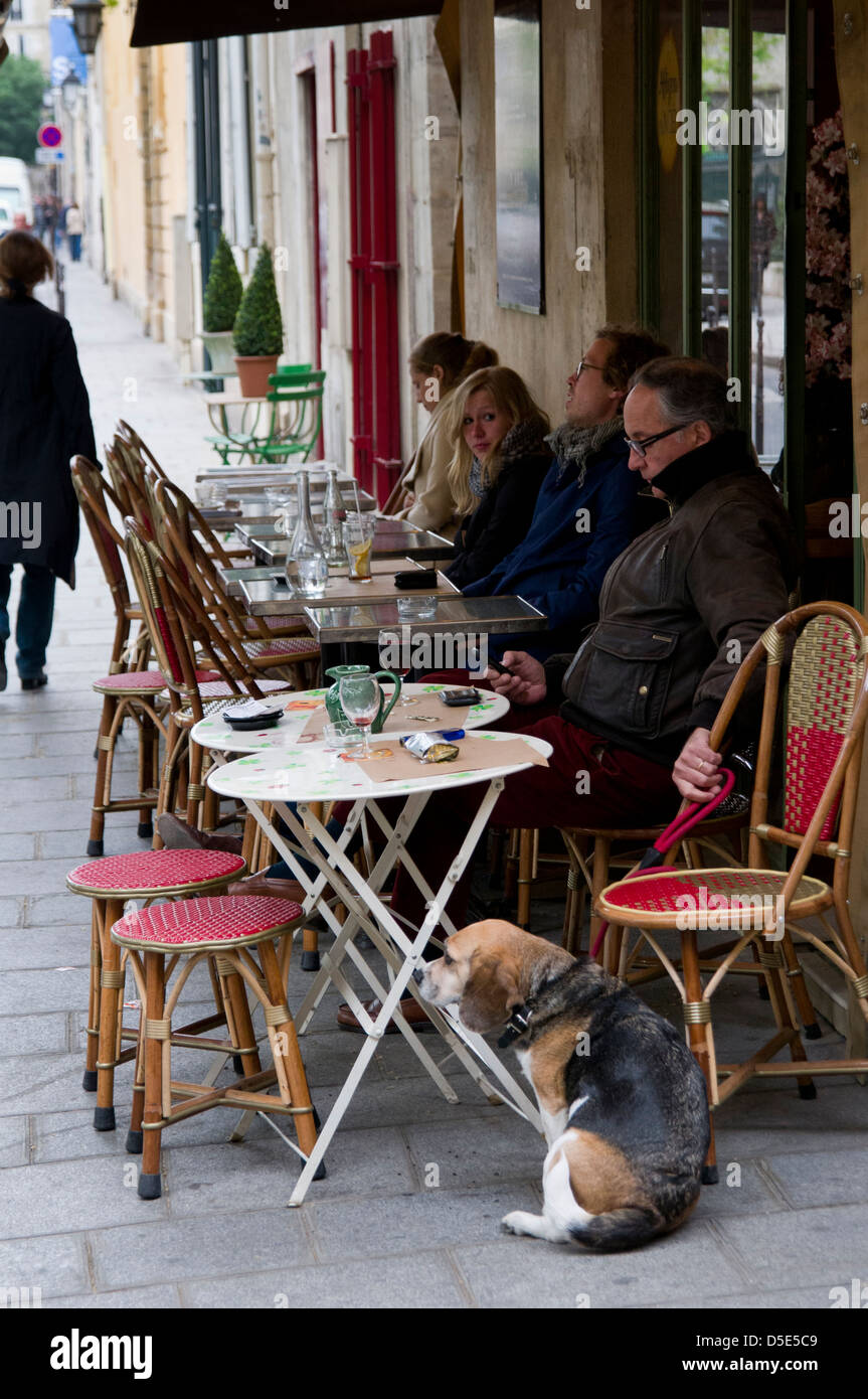 Parisians and blood hound eating at Le Sevigne street cafe and ...
