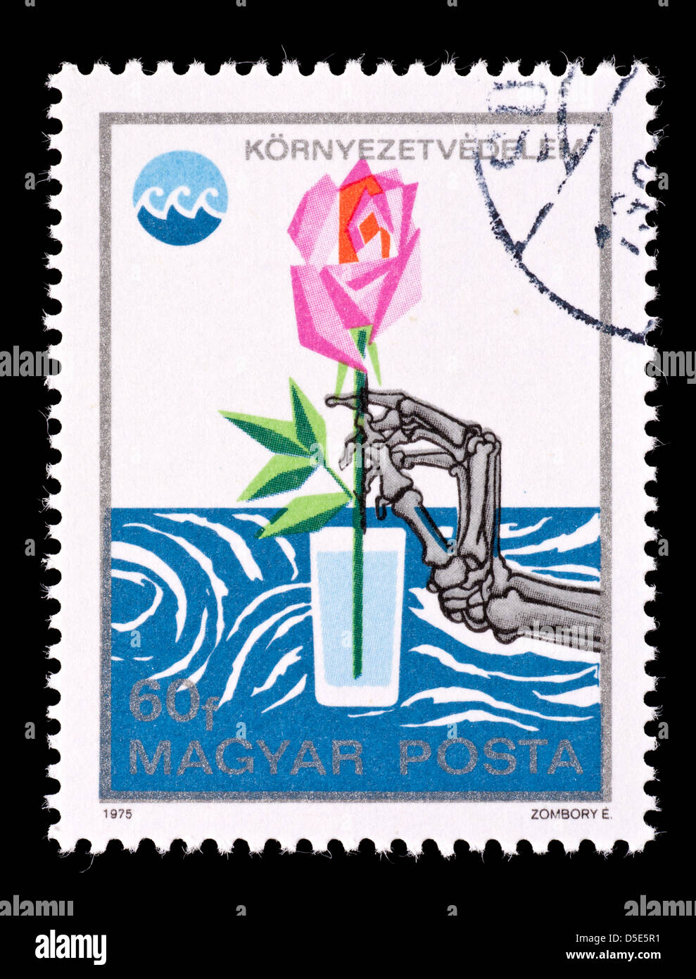Postage stamp from Hungary depicting a skeleton hand placing a rose ...