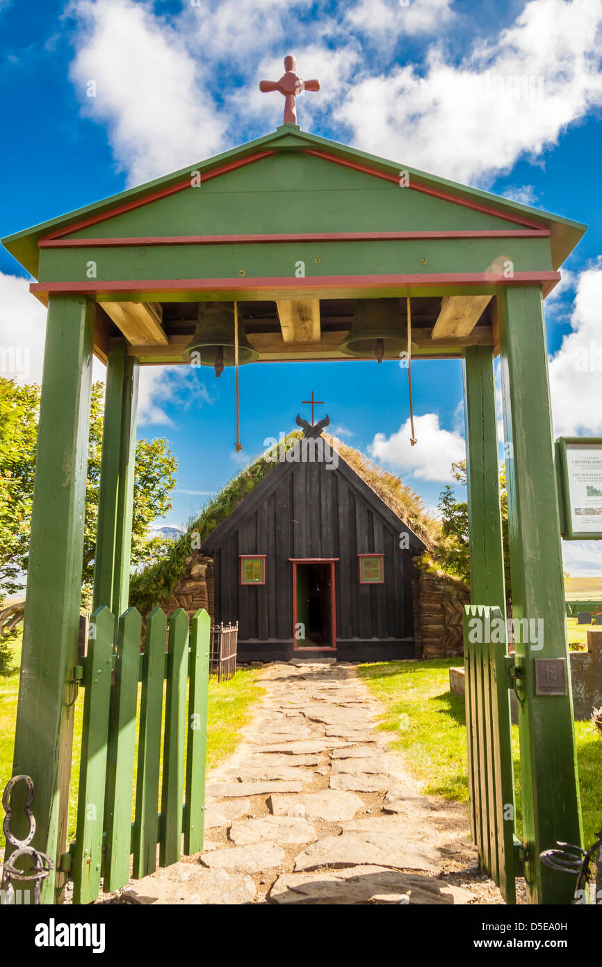 View on wooden gate to Vidimyri Church - Iceland Stock Photo - Alamy