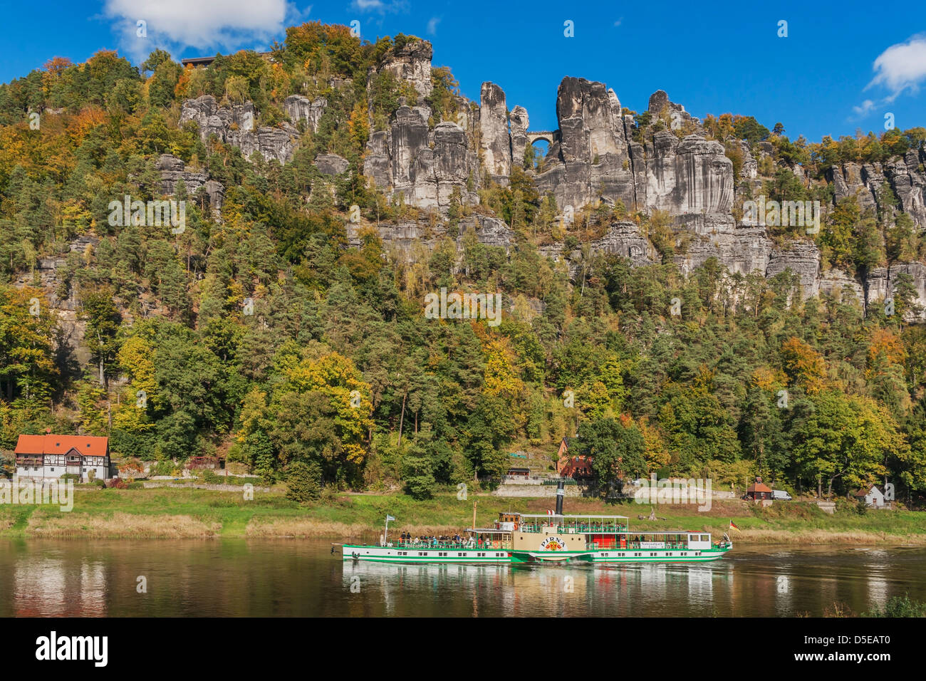 View from health resort Rathen, near Dresden, to the rock formation ...
