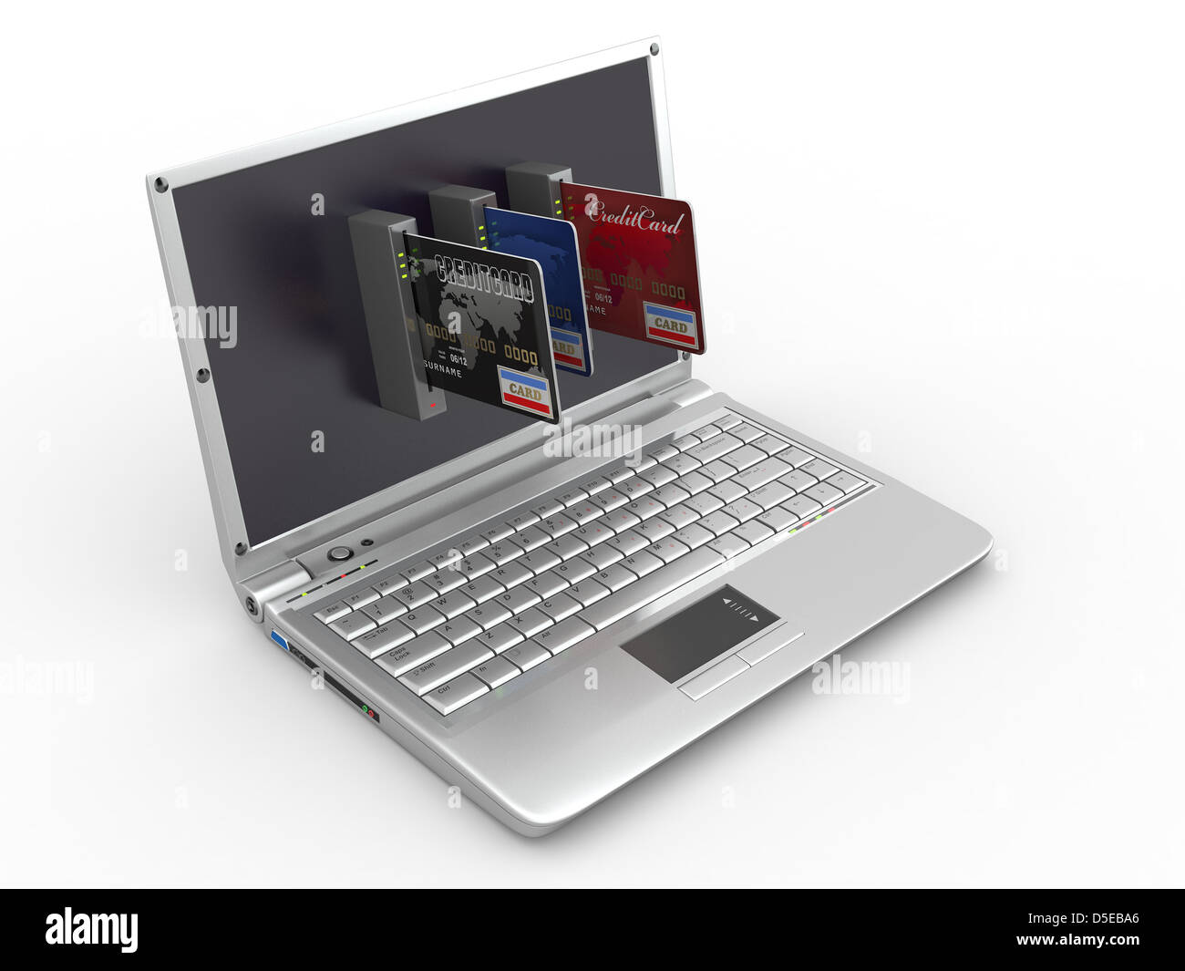 E-commerce. Laptop and credit card on white isolated background. 3d ...