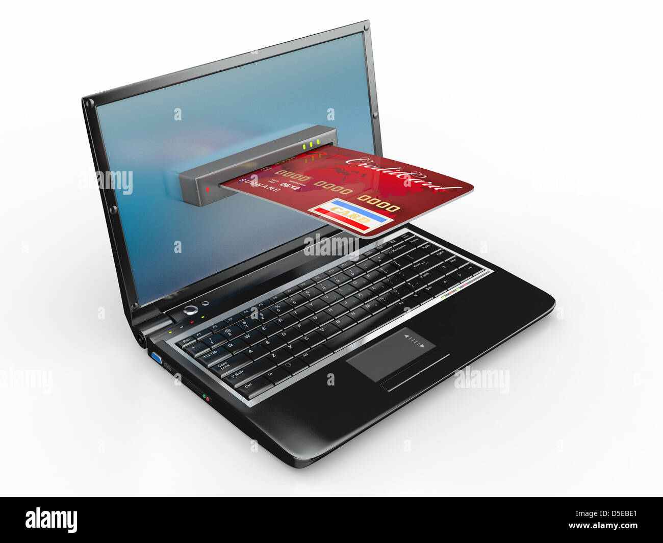 E-commerce. Laptop and credit card on white isolated background. 3d ...