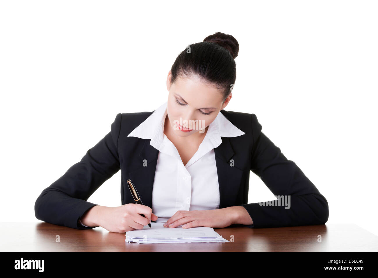 Beautiful attractive corporate lawyer business woman sitting at desk ...
