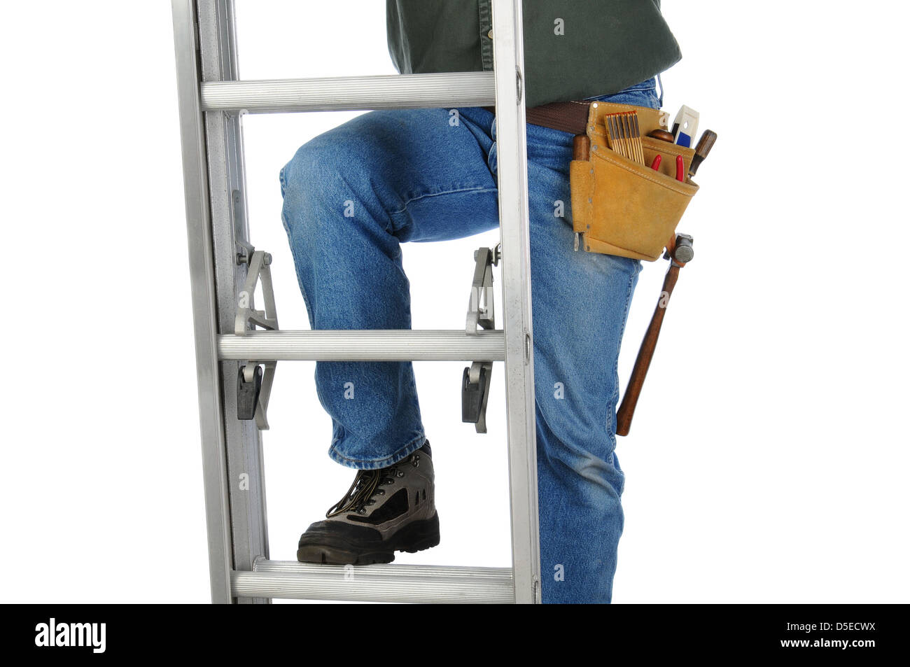 Closeup of a construction worker climbing a ladder. Horizontal format ...
