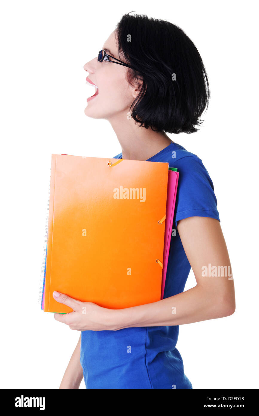 Happy student woman with notebooks, isoalted on white background Stock ...