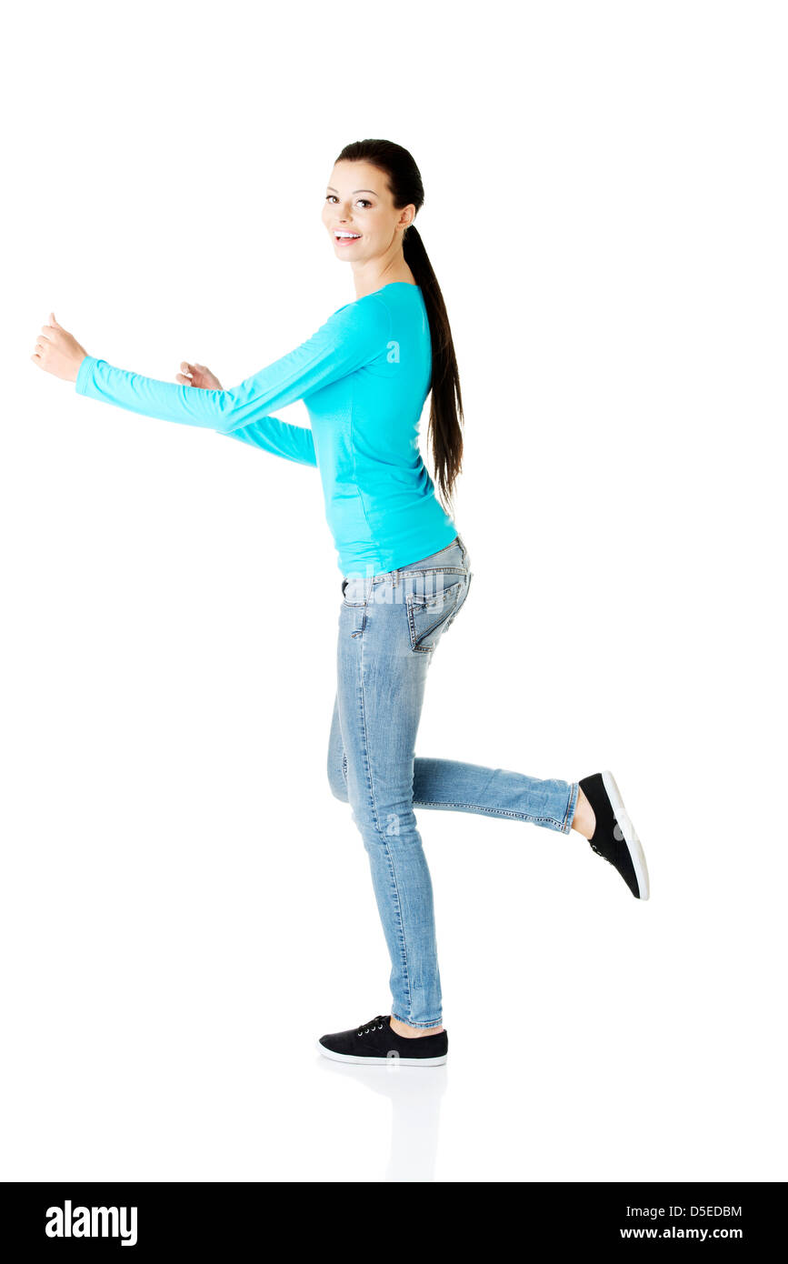 Happy student girl running, isoalated on white background Stock Photo ...