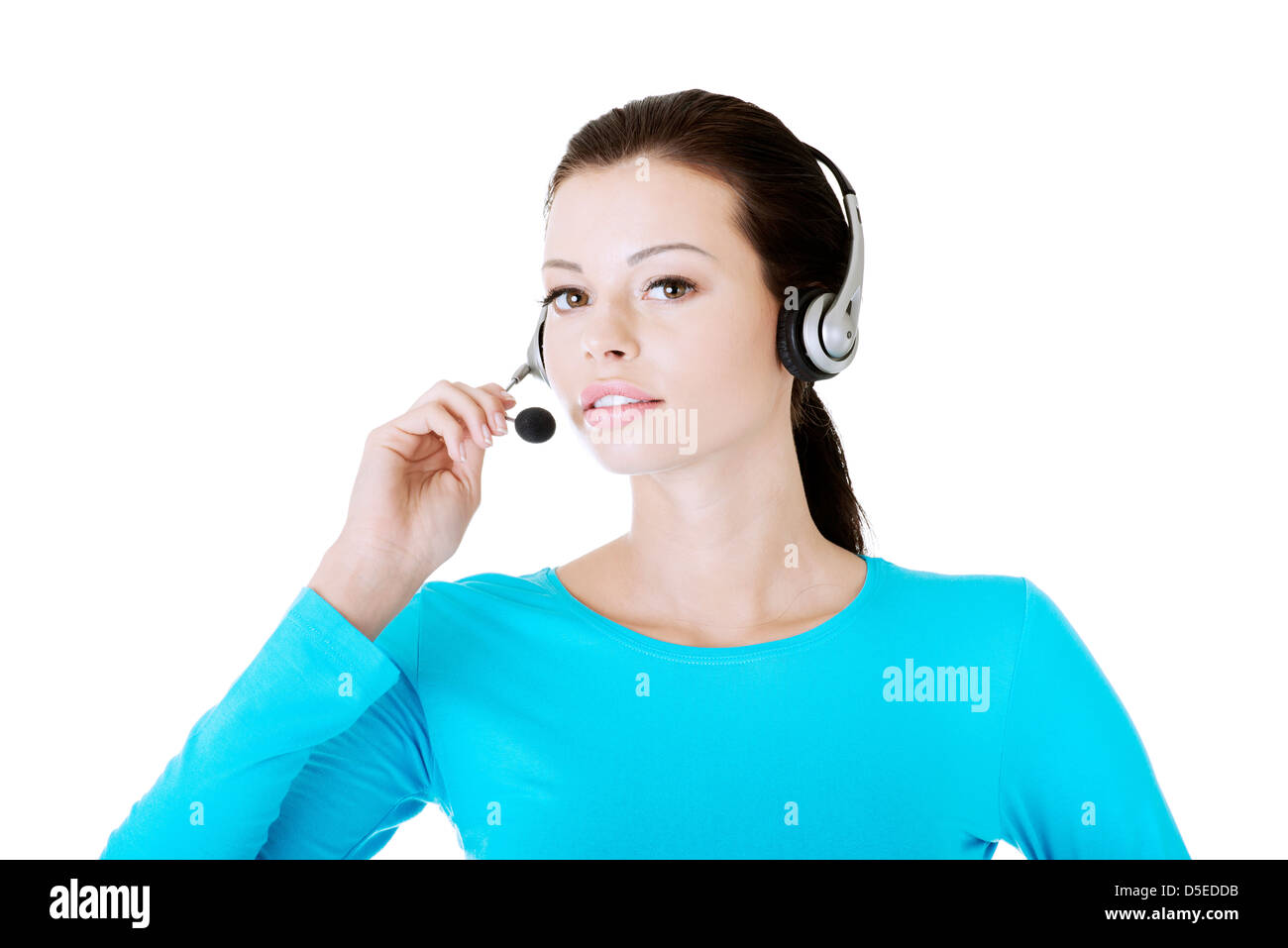 Beautiful young call-center assistant , isolated on white Stock Photo ...