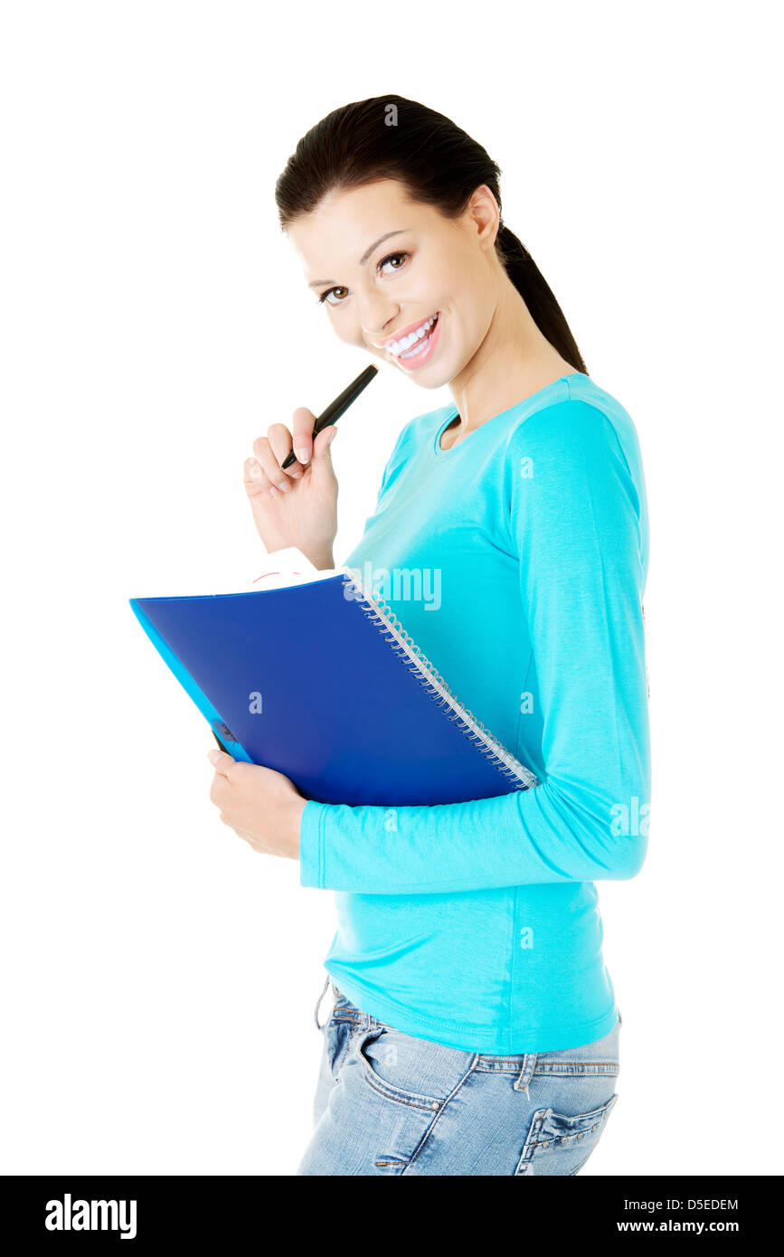 Happy student woman with notebook, isolated on white background Stock ...