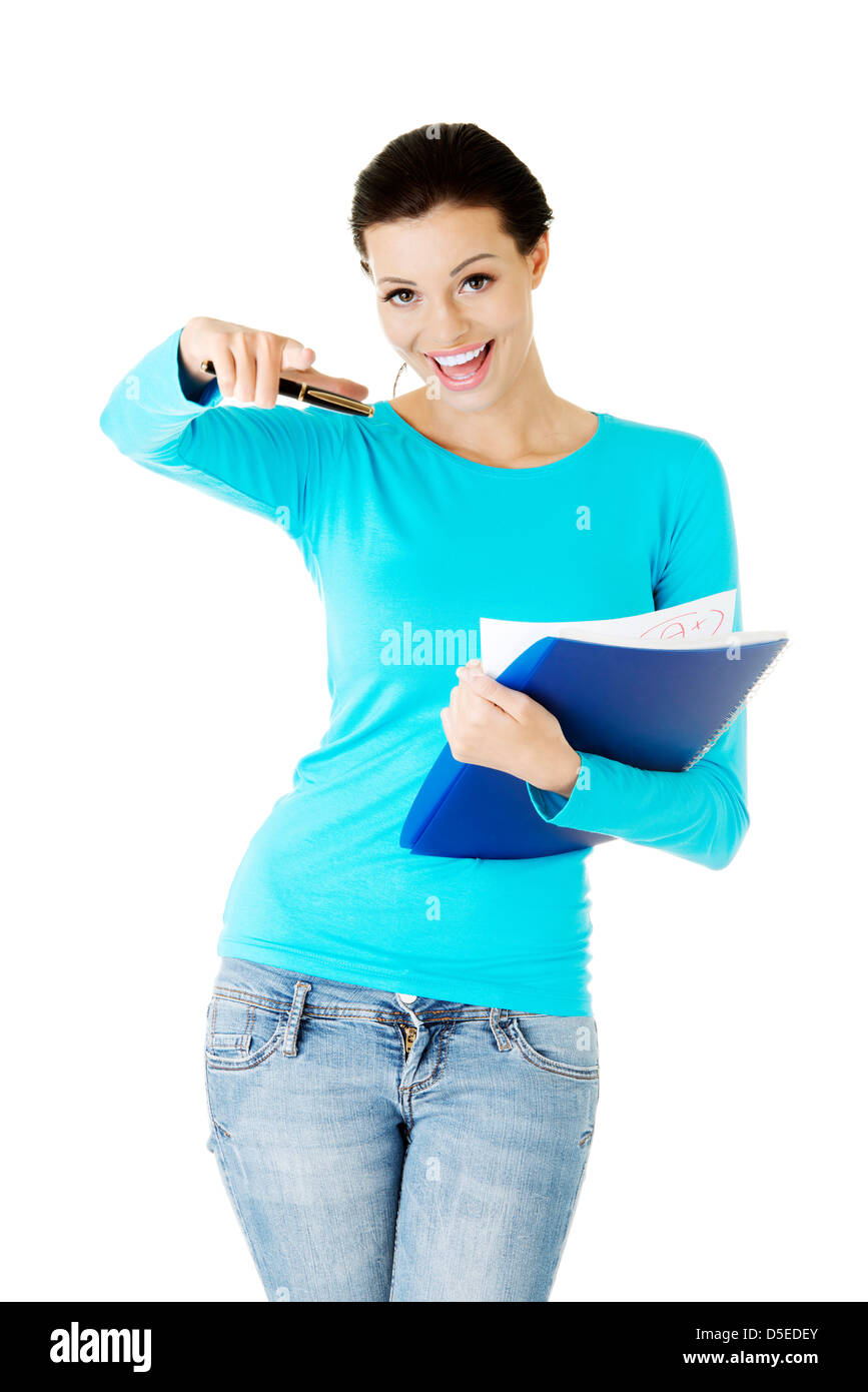 Happy student woman with notebook, isolated on white background Stock ...