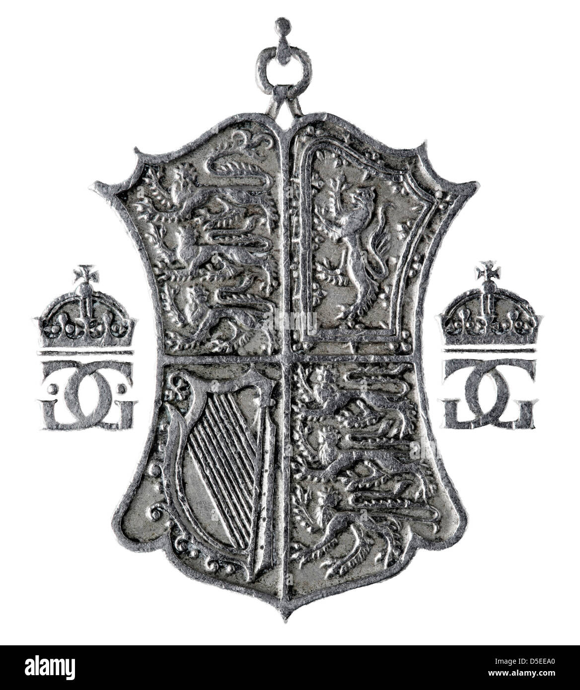Quartered shield from Half crown coin, UK, 1949, on white background ...