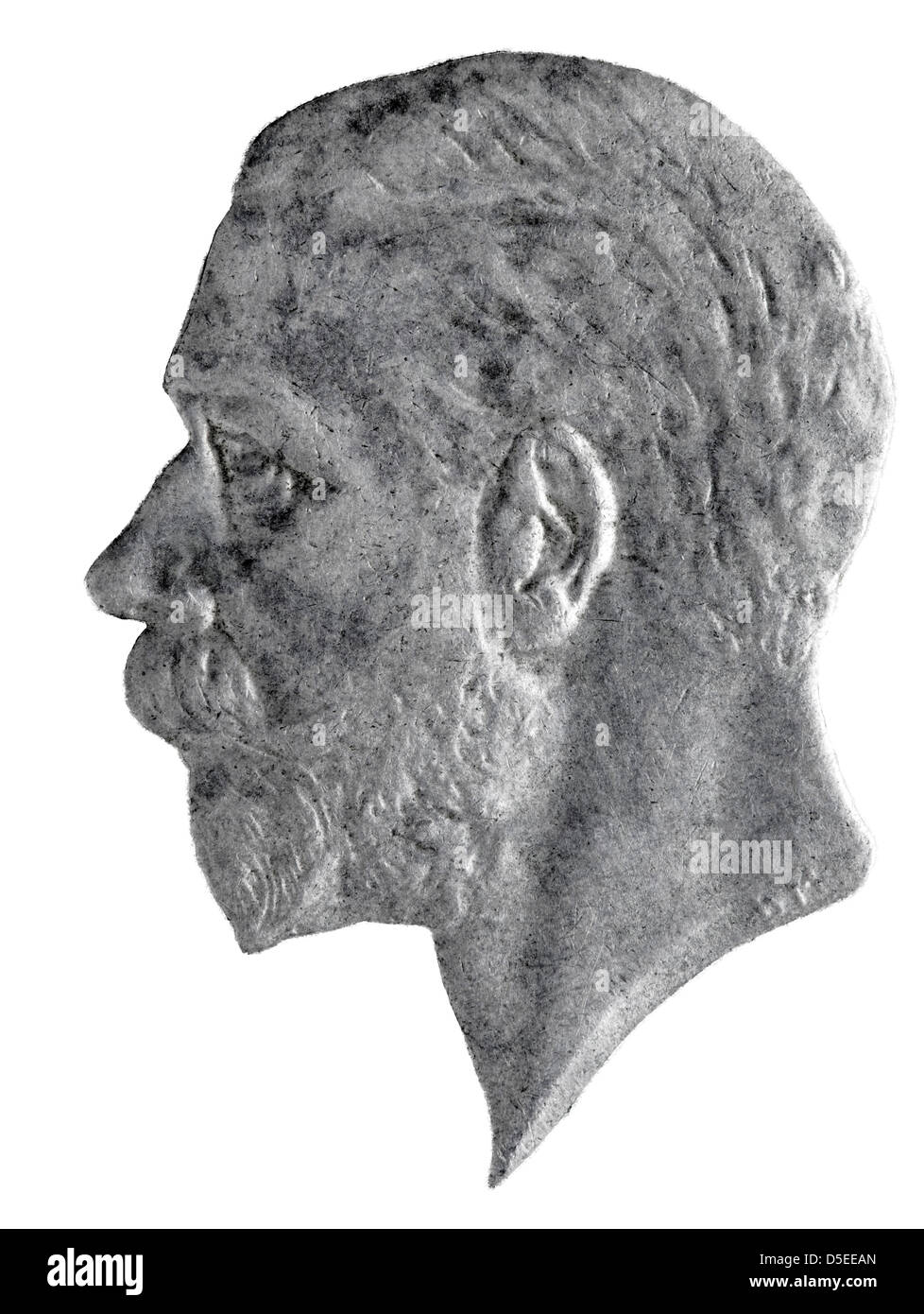 Portrait of King George V from 1 Crown silver coin, UK, 1935, on white ...