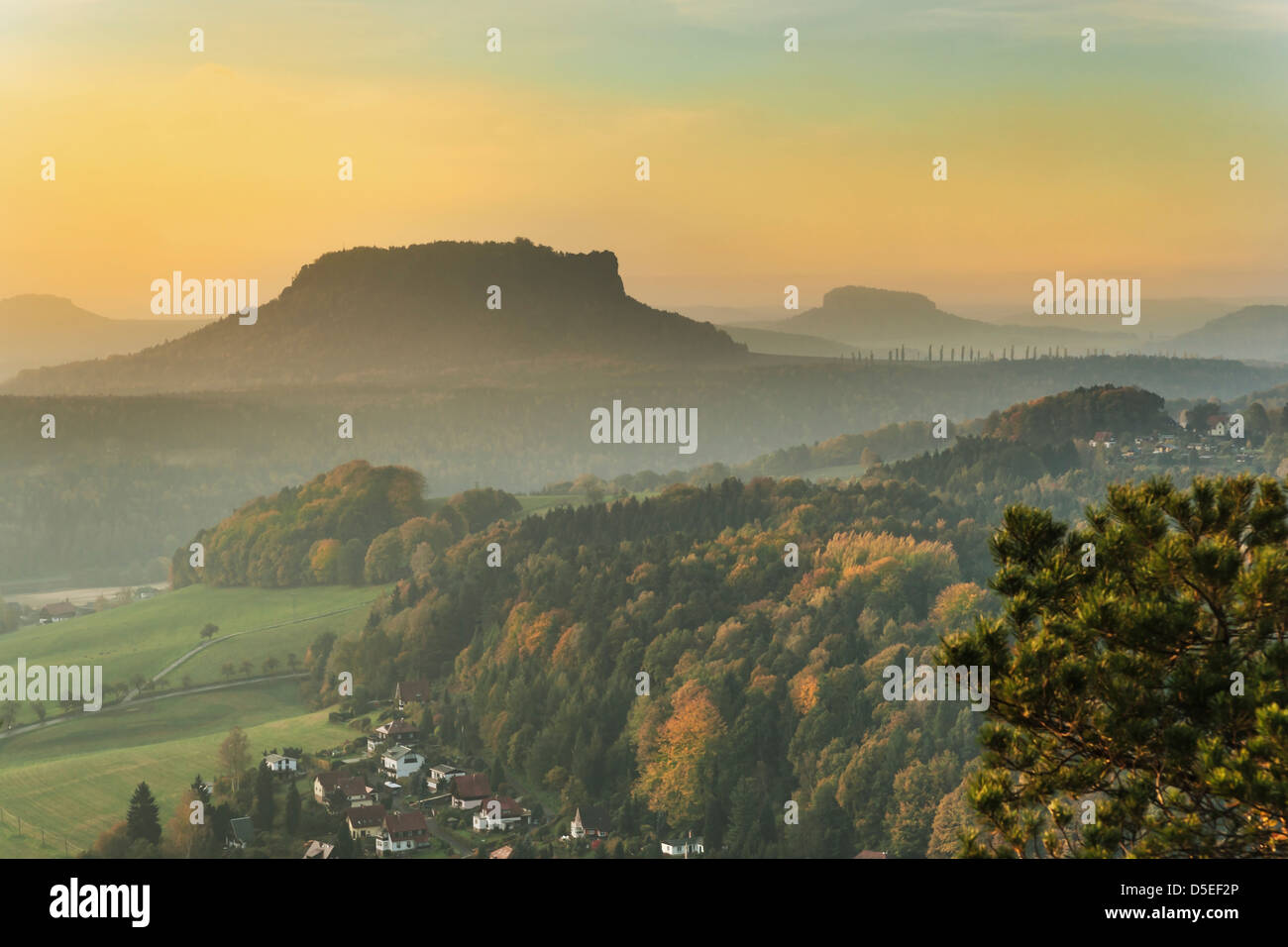 View to the Table Mountain Lilienstein in the national park Saxon ...