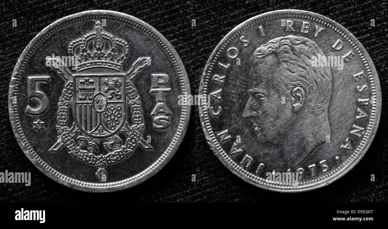 5 Pesetas coin, King Juan Carlos I, Spain, 1975 Stock Photo - Alamy