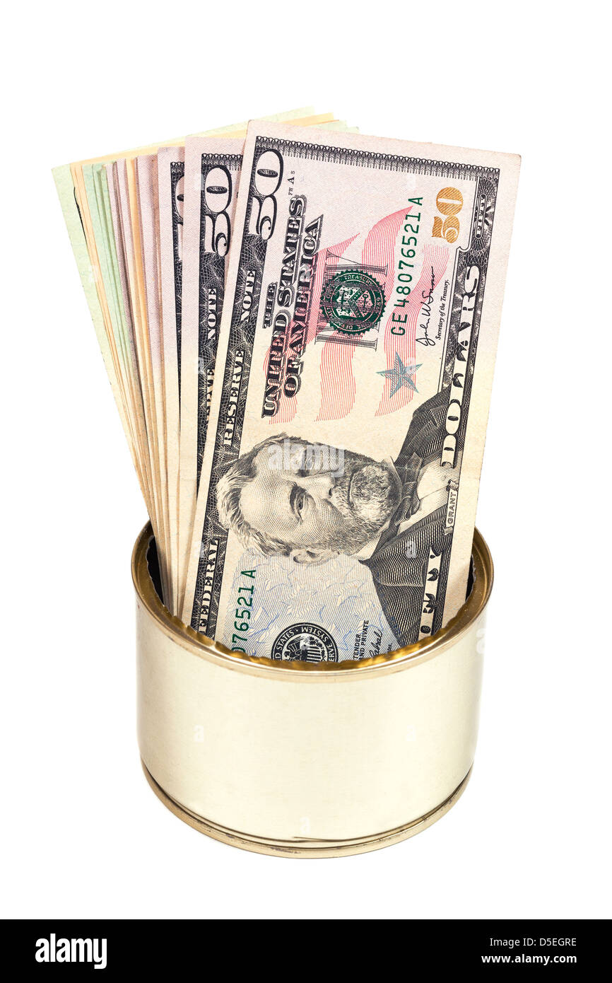 US dollars bills in metal can isolated on white background Stock Photo ...