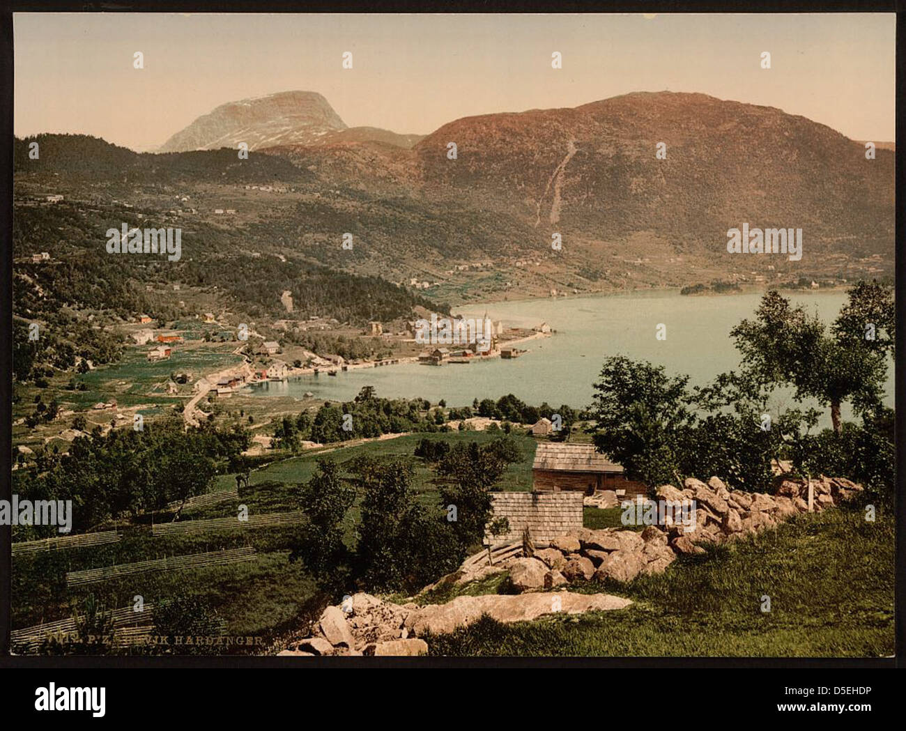 A colorized photo of Ulvik, located in Hardanger Fjord, Norway. The ...