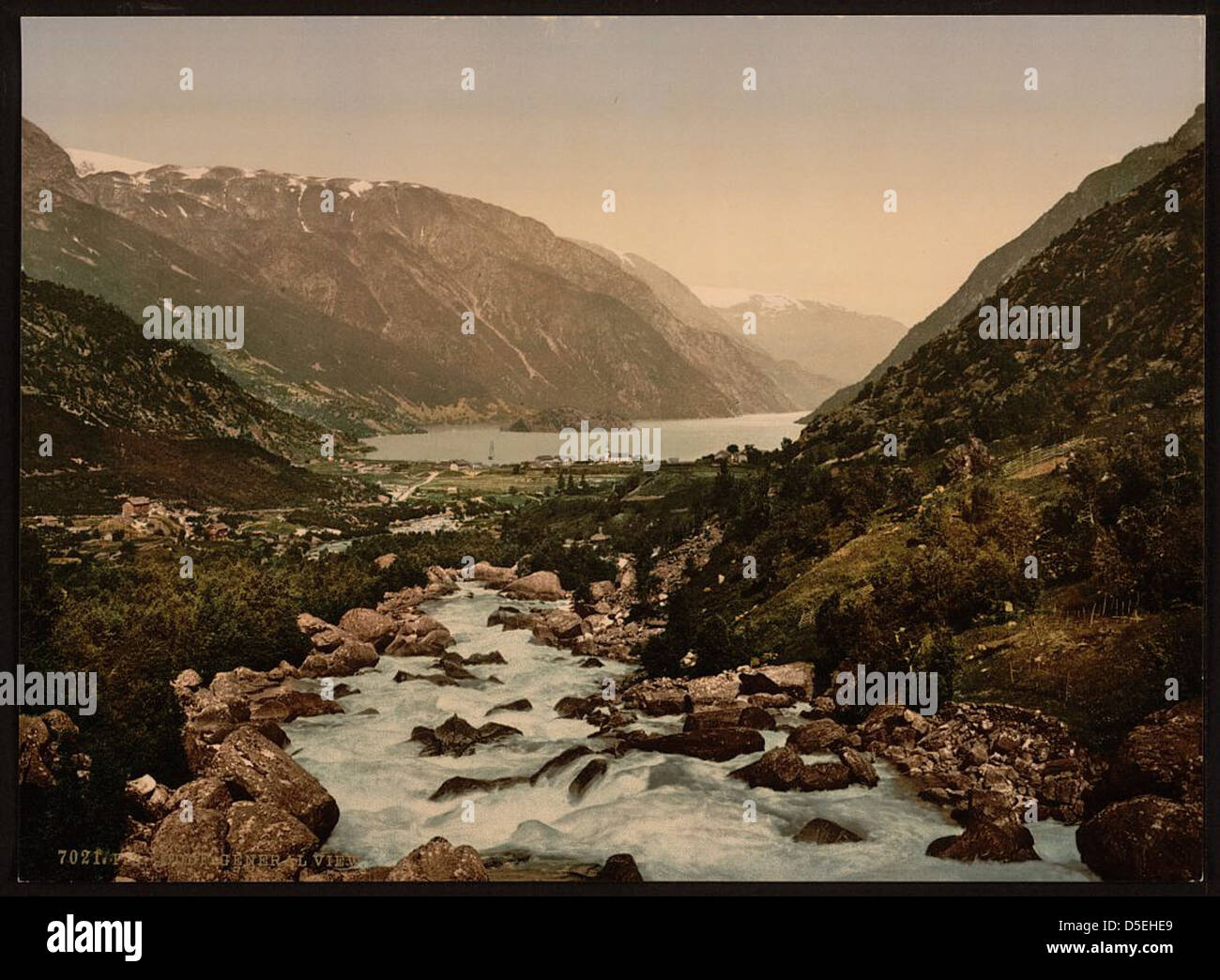 This colorized image shows the picturesque Hardanger Fjord in Norway ...