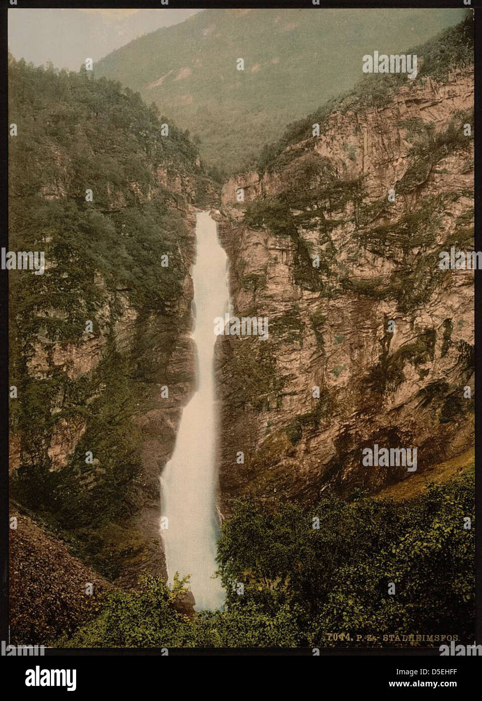 A colorized photograph of the Stalheimsfos waterfall in Hardangerfjord ...