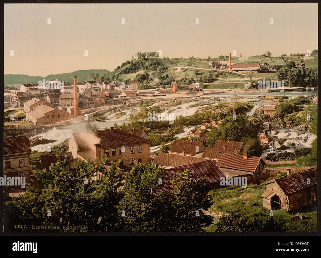 A colorized photo of Honefos in Ringerike, Norway, showing a river ...
