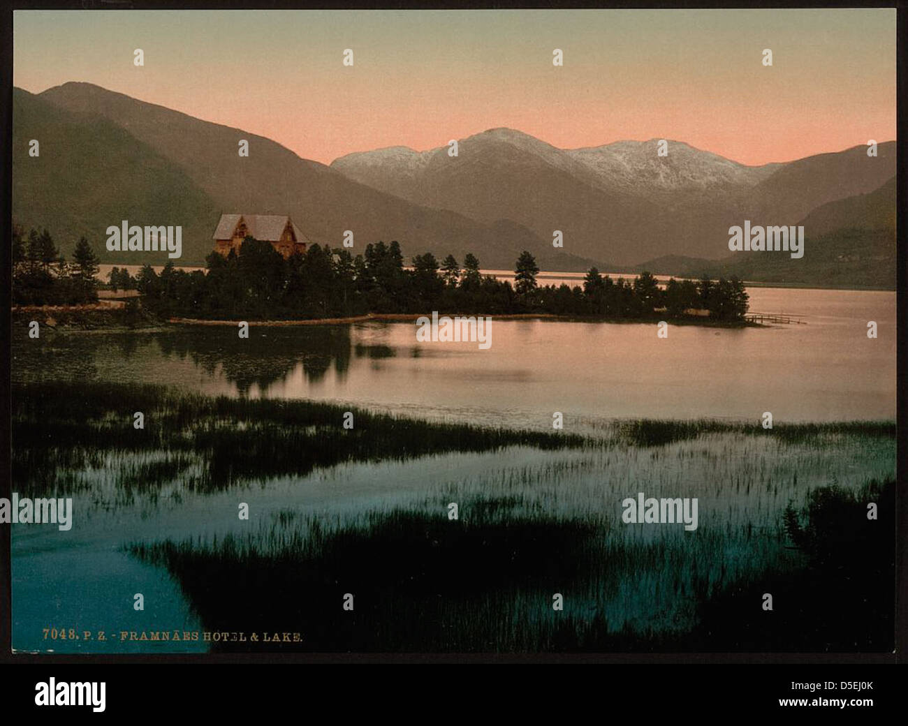 A colorized photograph of Framnaes Hotel near Opheim Lake in the ...