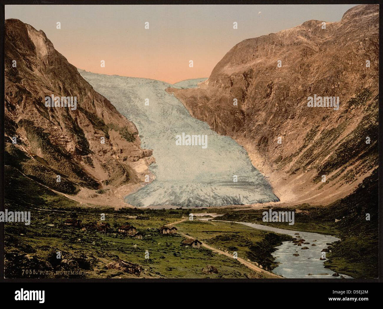 A colorized photograph showing the fjord and ice glaciers near ...