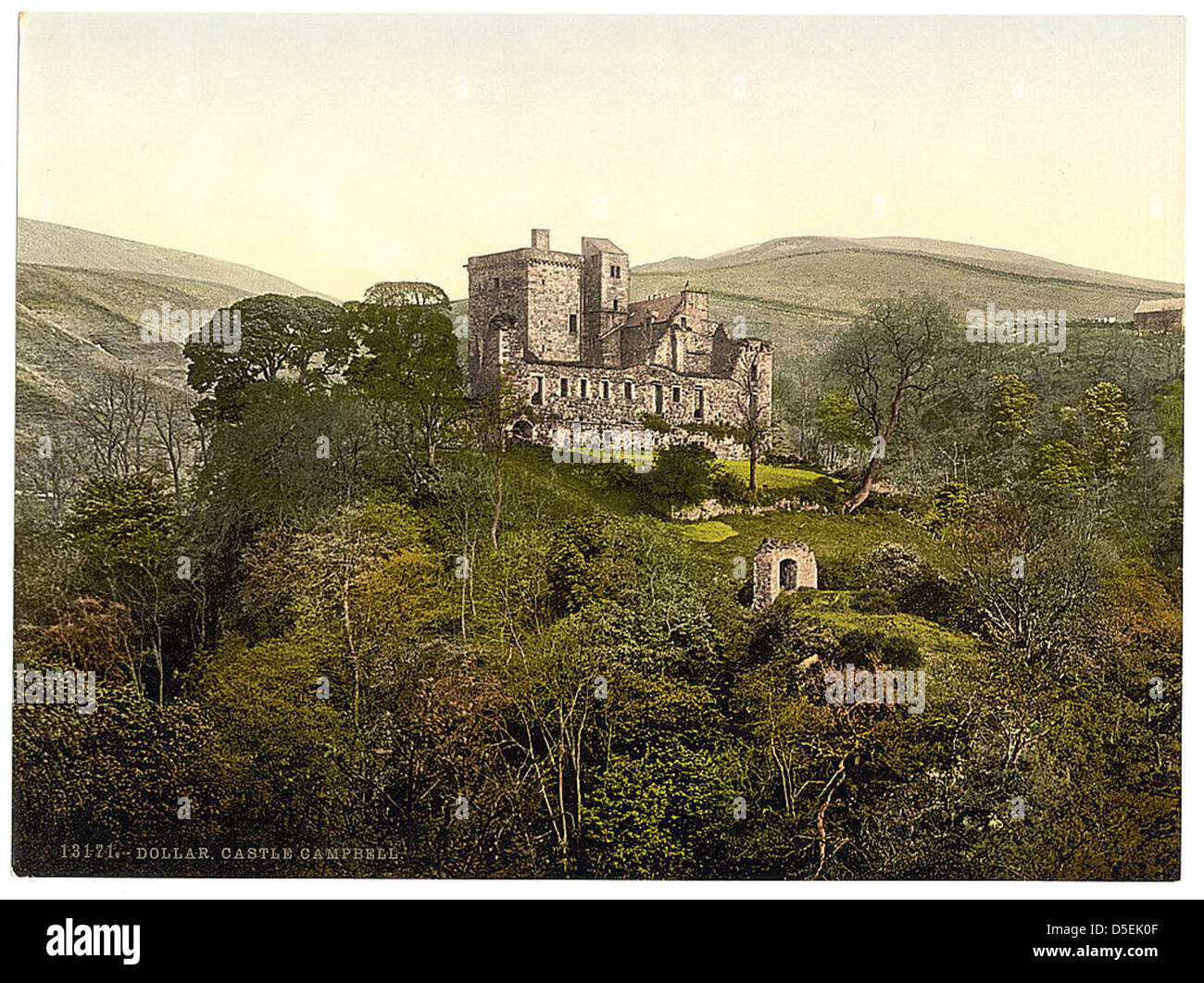 A colored photograph of Castle Campbell in Dollar, Scotland, showing ...
