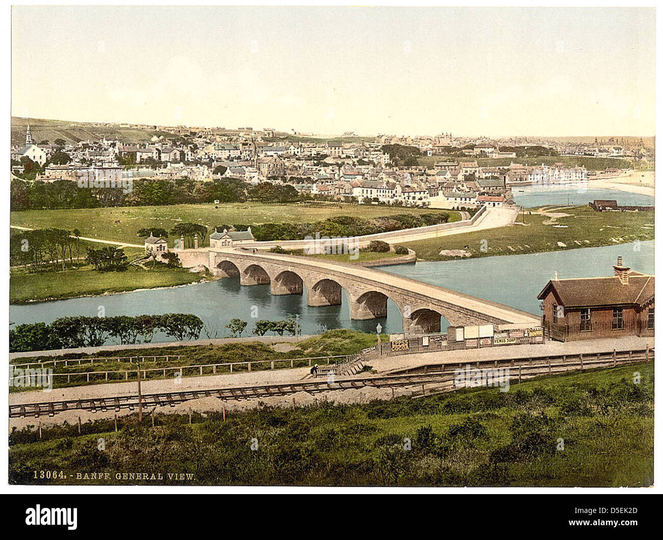 A historical view of Banff in Scotland, showing the Seven Arched Bridge ...
