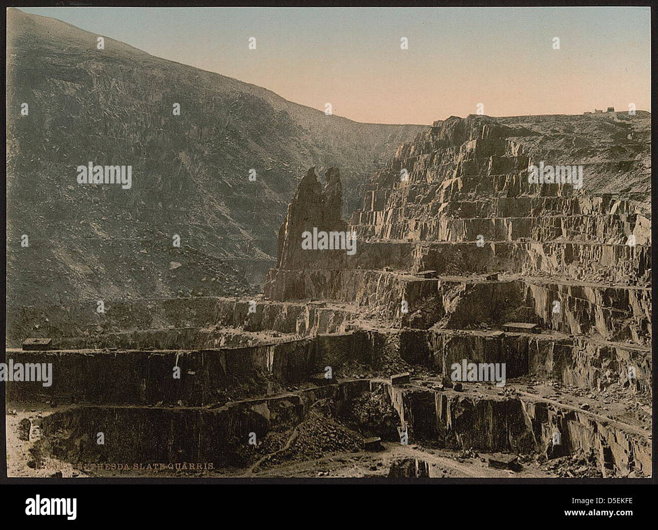 A photograph of slate quarries in Bethesda, Wales, showcasing workers ...