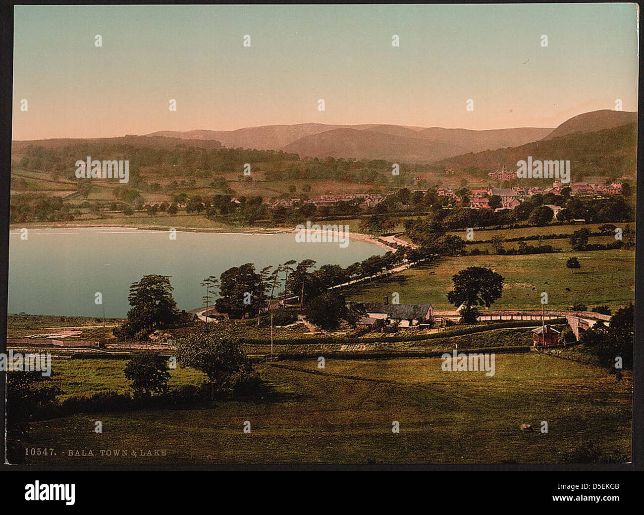 A scenic view of the town of Bala in Wales, featuring Llyn Tegid, a ...